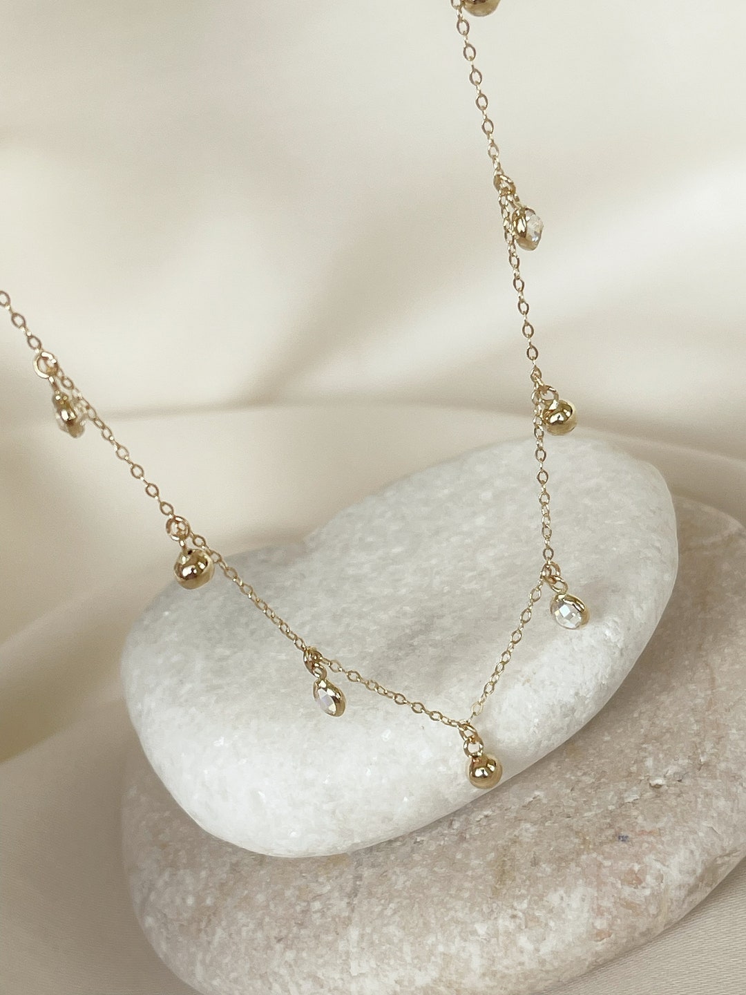 Ball 14K Solid Gold Chain Necklace, Gold Mini Balls Dainty Necklace ...