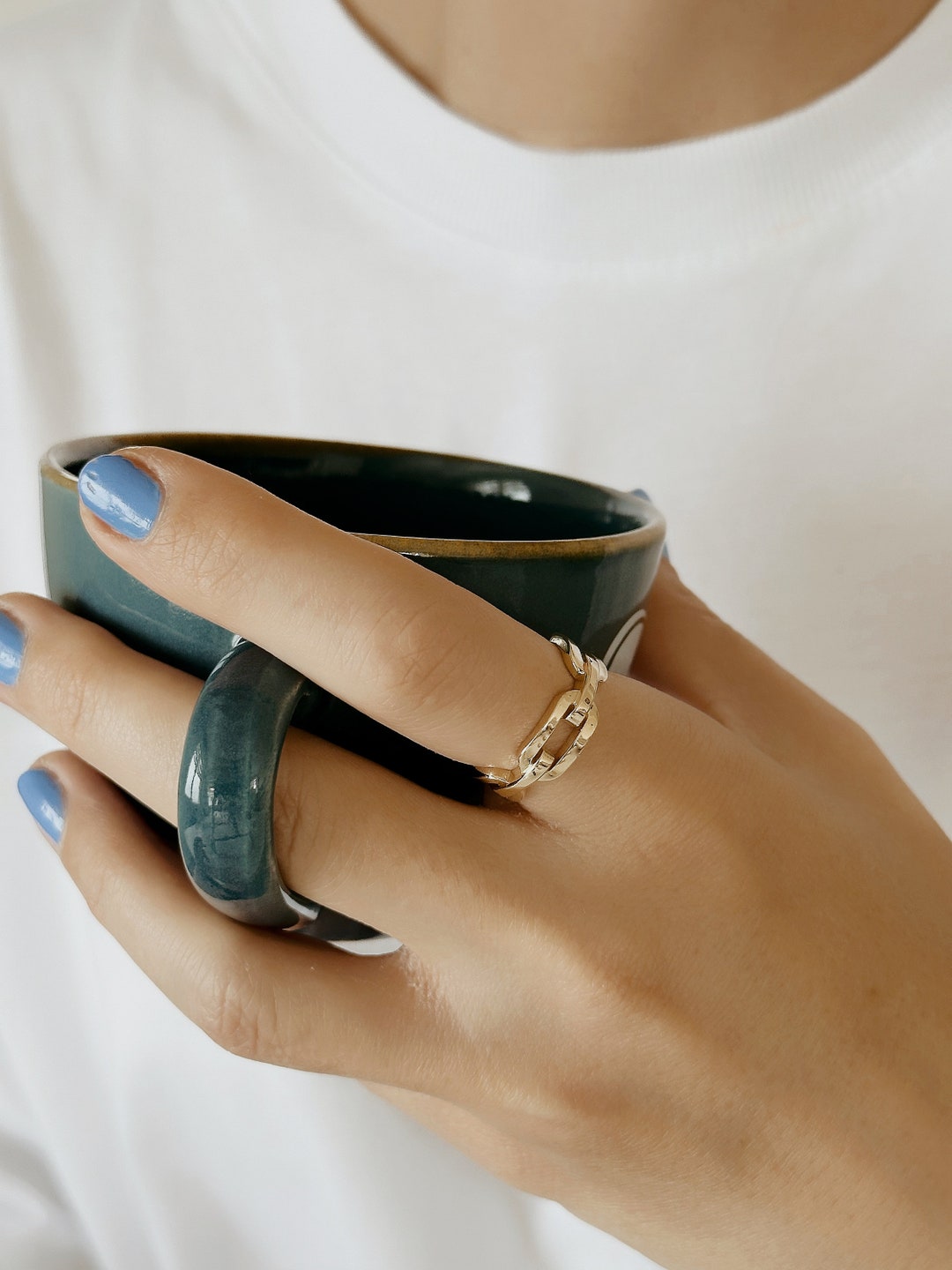 14K Solid Gold Link Chain Ring, 14K Solid Gold, Stacking Ring, Handmade Ring, Jewelry Gift,gold ...