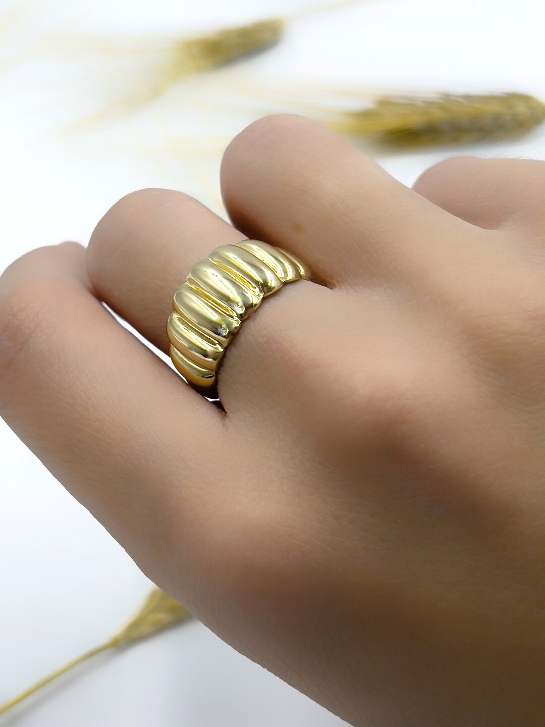 14k Dome Croissant Ring, 14k Gold Twisted Ring, Solid Gold Croissant Ring, Dainty Rope Ring for ...