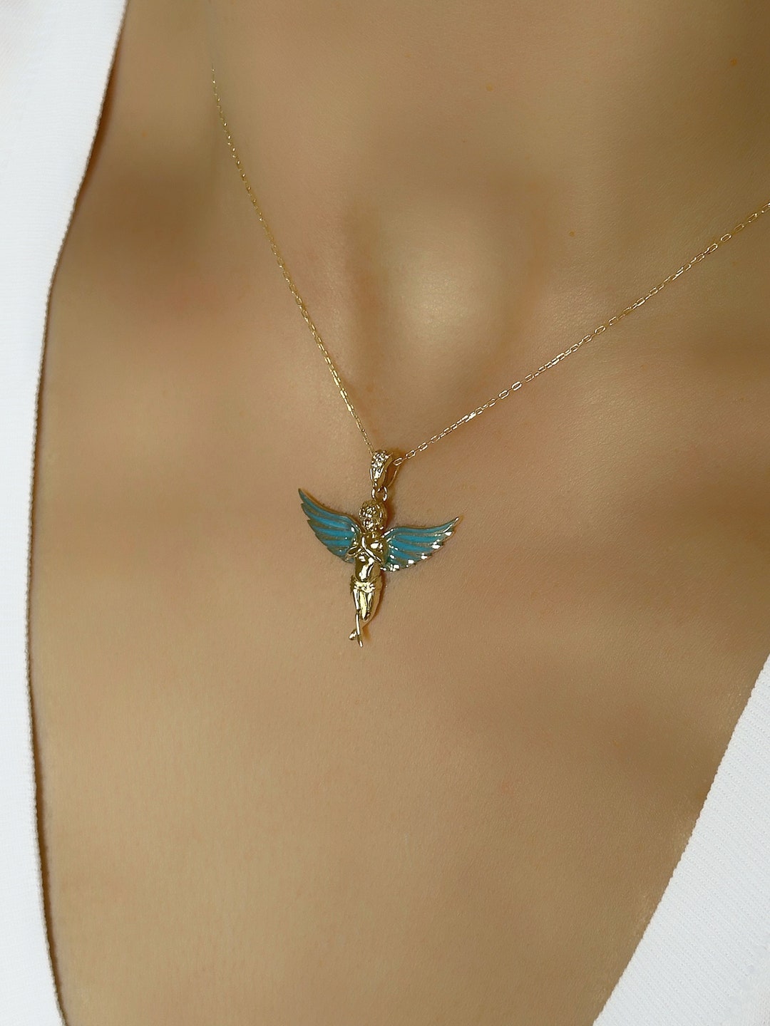 14k Solid Gold Praying Angel Pendant, Angel Jewelry Necklace, 14K Solid ...
