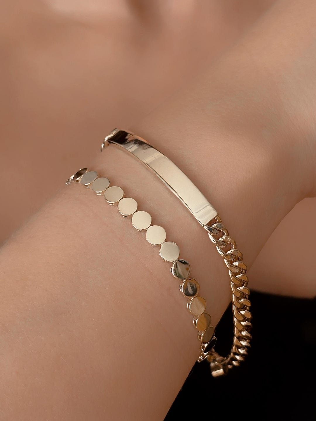 14K Gold ID Bracelet or Disc Chain Bracelet, Nameplate Bracelet ...