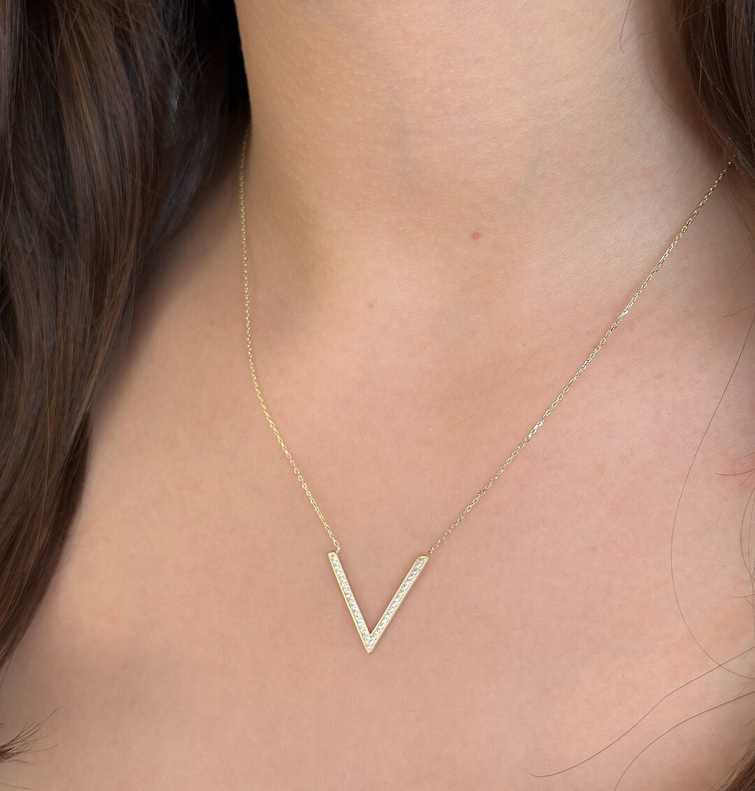 V Shaped Necklace, Real 14k Solid Gold V Letter Necklace, Stone V ...