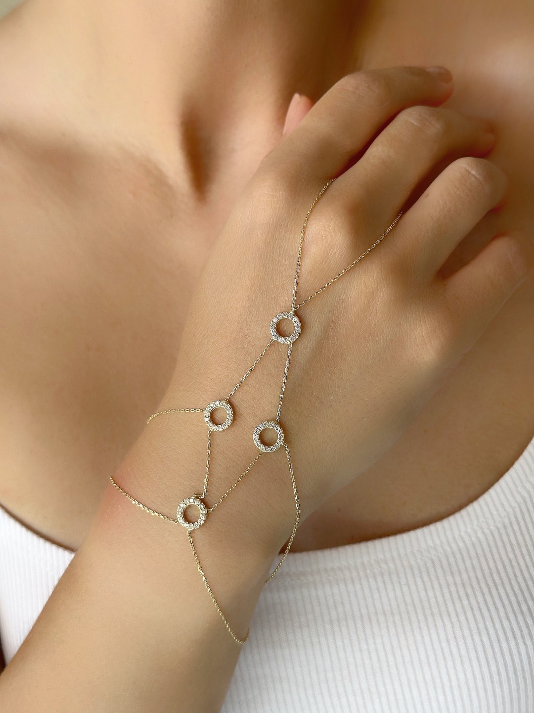 14K Gold Multi Link Hand Bracelet: Dainty Finger Chain - Etsy