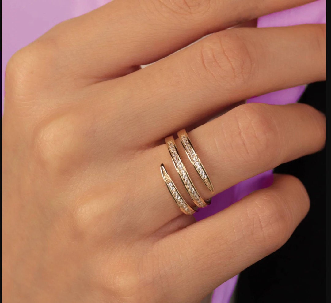 14k Solid Gold Minimalist Wraparound Ring, Dainty Triple Band Ring ...