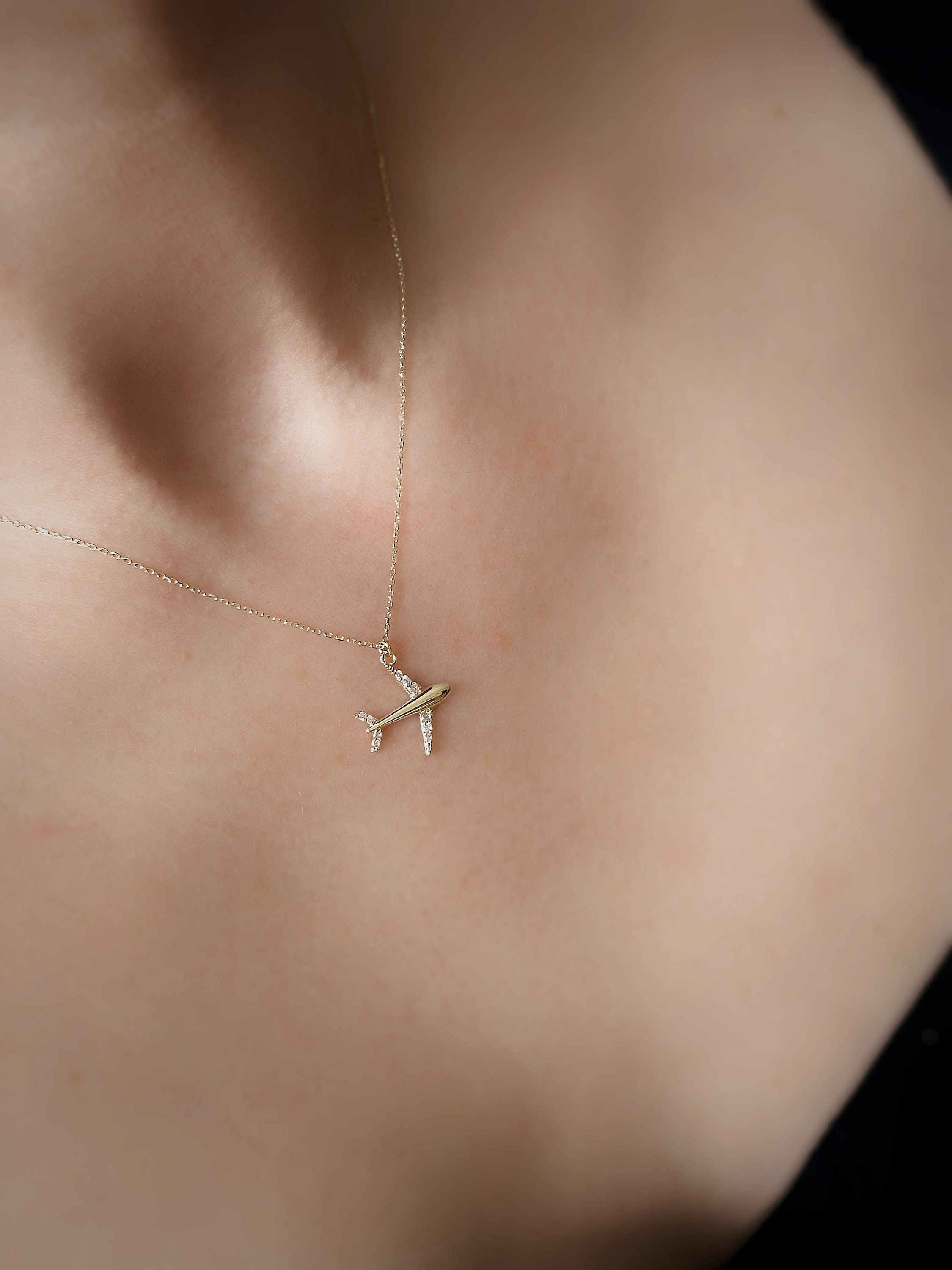 14K Solid Gold Aeroplane Pendant, Pilot Graduation Gift, 14K Gold Plane ...