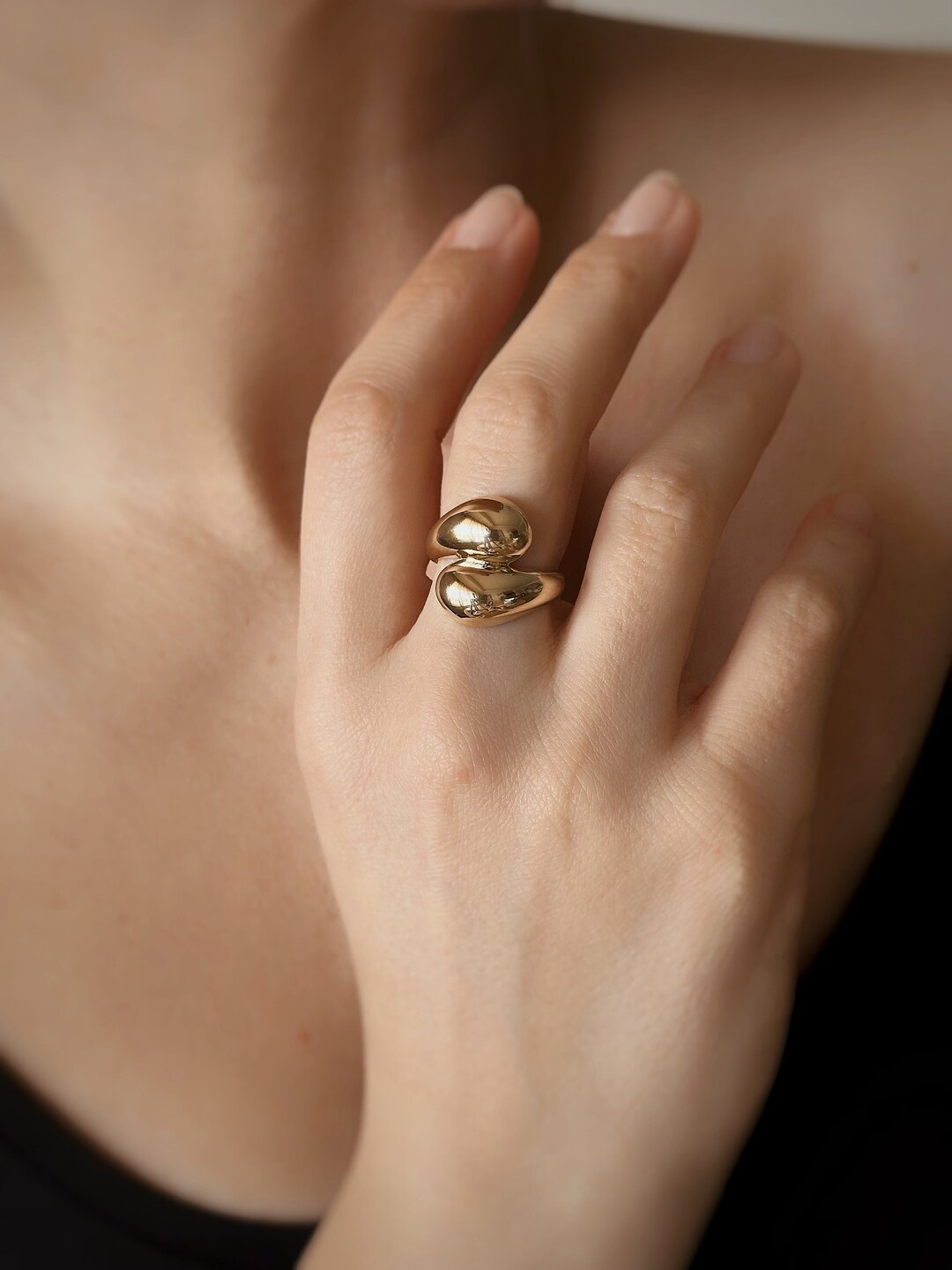 14K Solid Gold Drop Model Ring, Thick Gold Ring, Drop Ring, Stackable ...