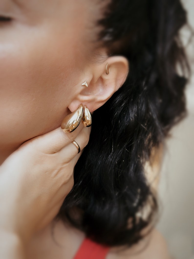 14K Solid Gold Drop Earrings, Thick Gold Drop Earrings, Shiny Thick ...