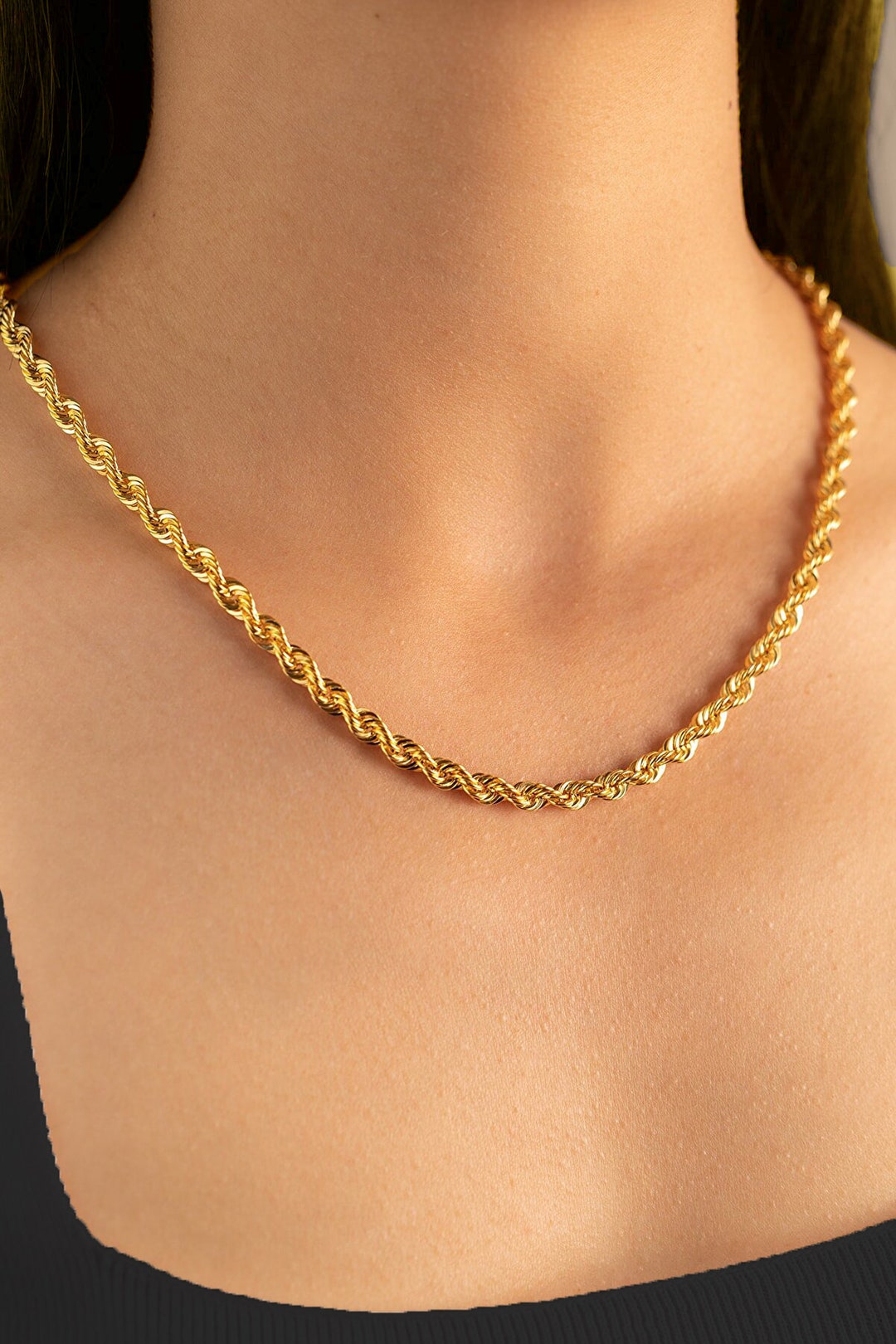 14K Solid Gold Rope Chain Necklace, Diamond Cut Rope Chain Diamond Cut ...