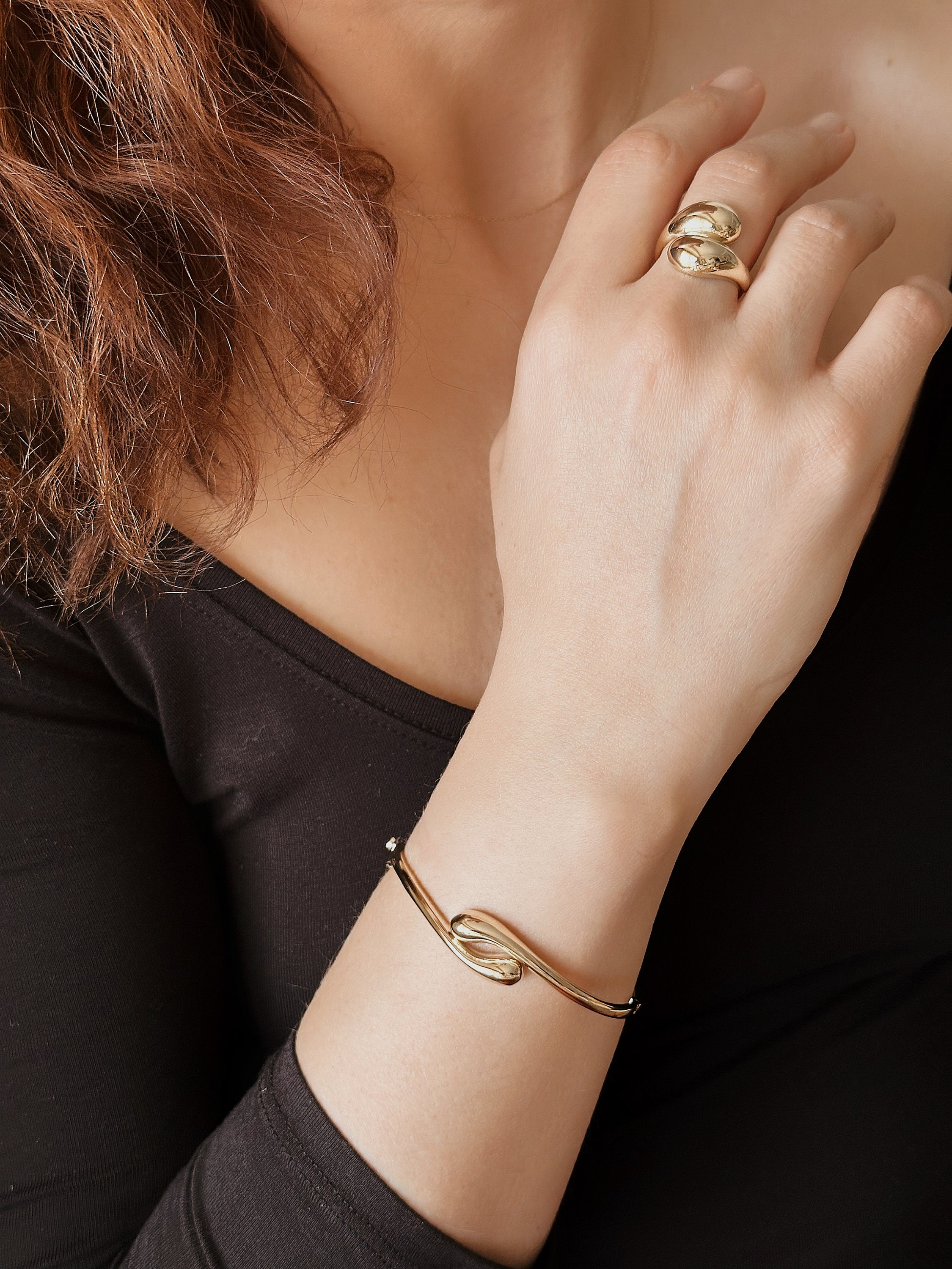 14K Solid Gold Drop Model Bracelet,shake Hands Cuff Bracelet, Teardrop ...