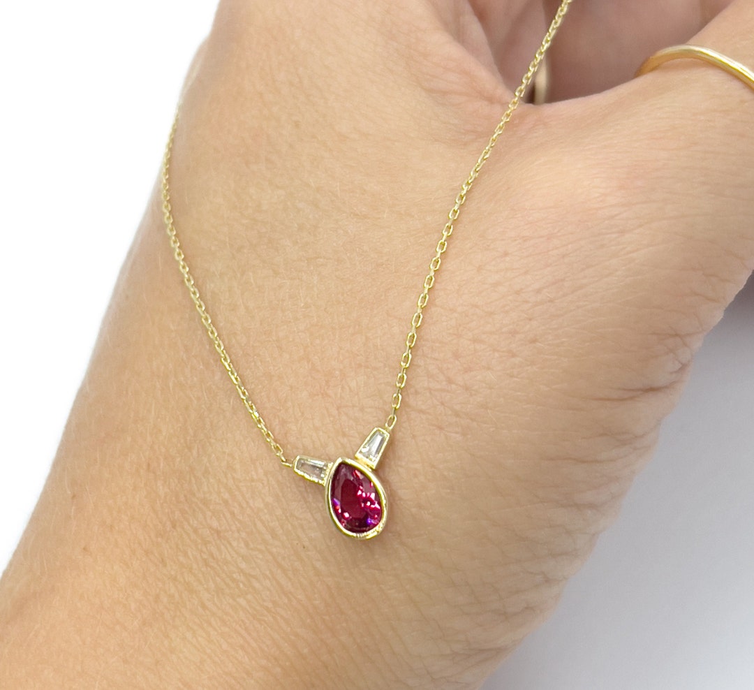14K Solid Gold Ruby Necklace, 14K Gold Necklace, Round Ruby Necklace ...