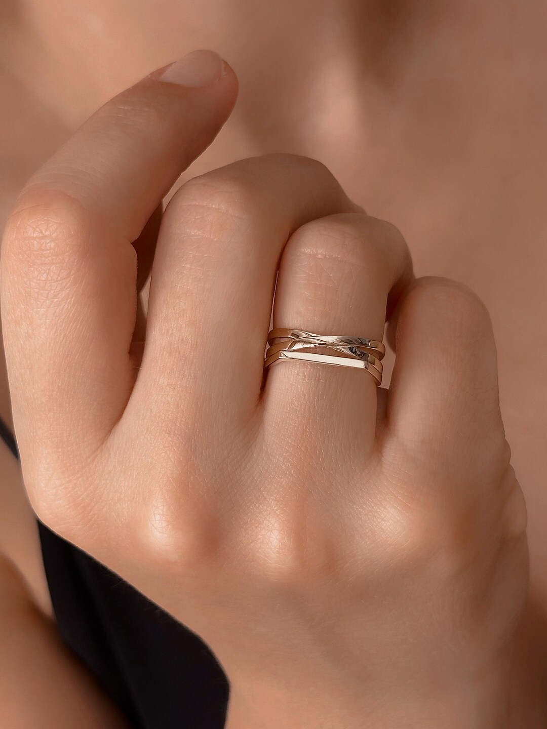 14K Solid Gold Ring , Gold Double Cross Ring Ring , 14k Minimalist ...