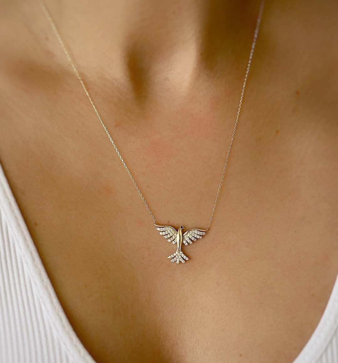 Dove Necklace, 14K Solid Bird Necklace , Gold Wing Bird Charm, Gold ...