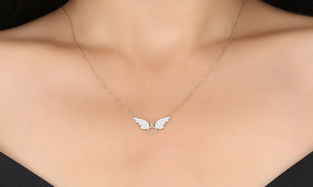 14k Solid Gold Angel Necklace, Gift Ring Necklace for Women, Angel Wing ...