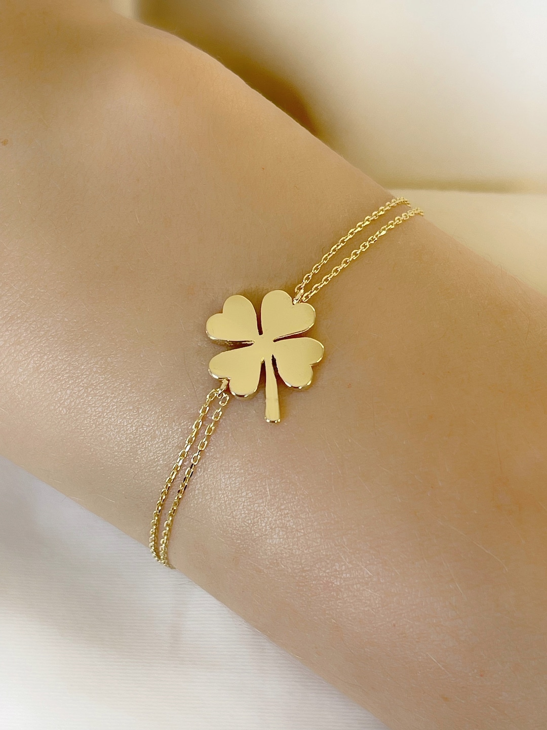 14K Gold Clover Bracelet, Real Gold Bracelet, Gold Jewelry, Clover Bracelet, Valentine's Day ...