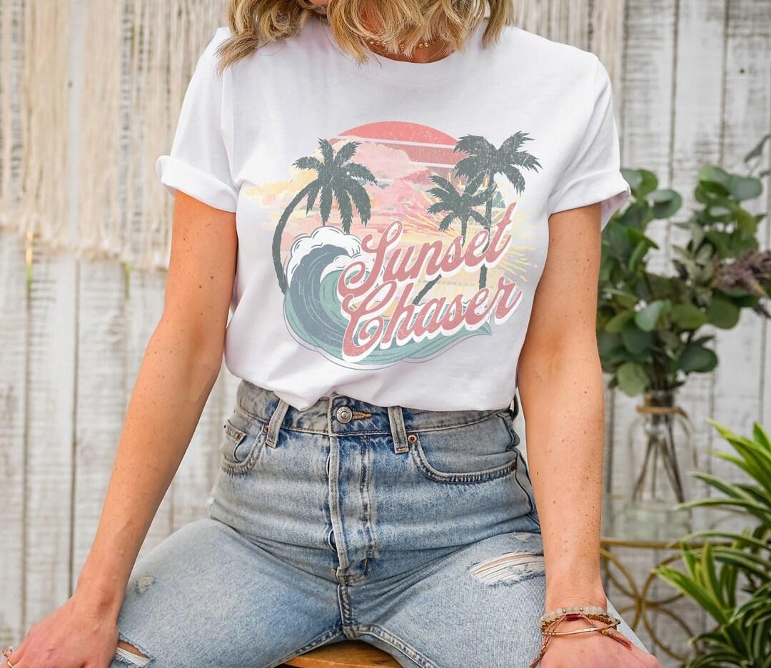 Sunset Chaser Shirt, Tropical Sunset Shirt, Cute Beach Shirt for Women, Beach T-shirt, Retro ...