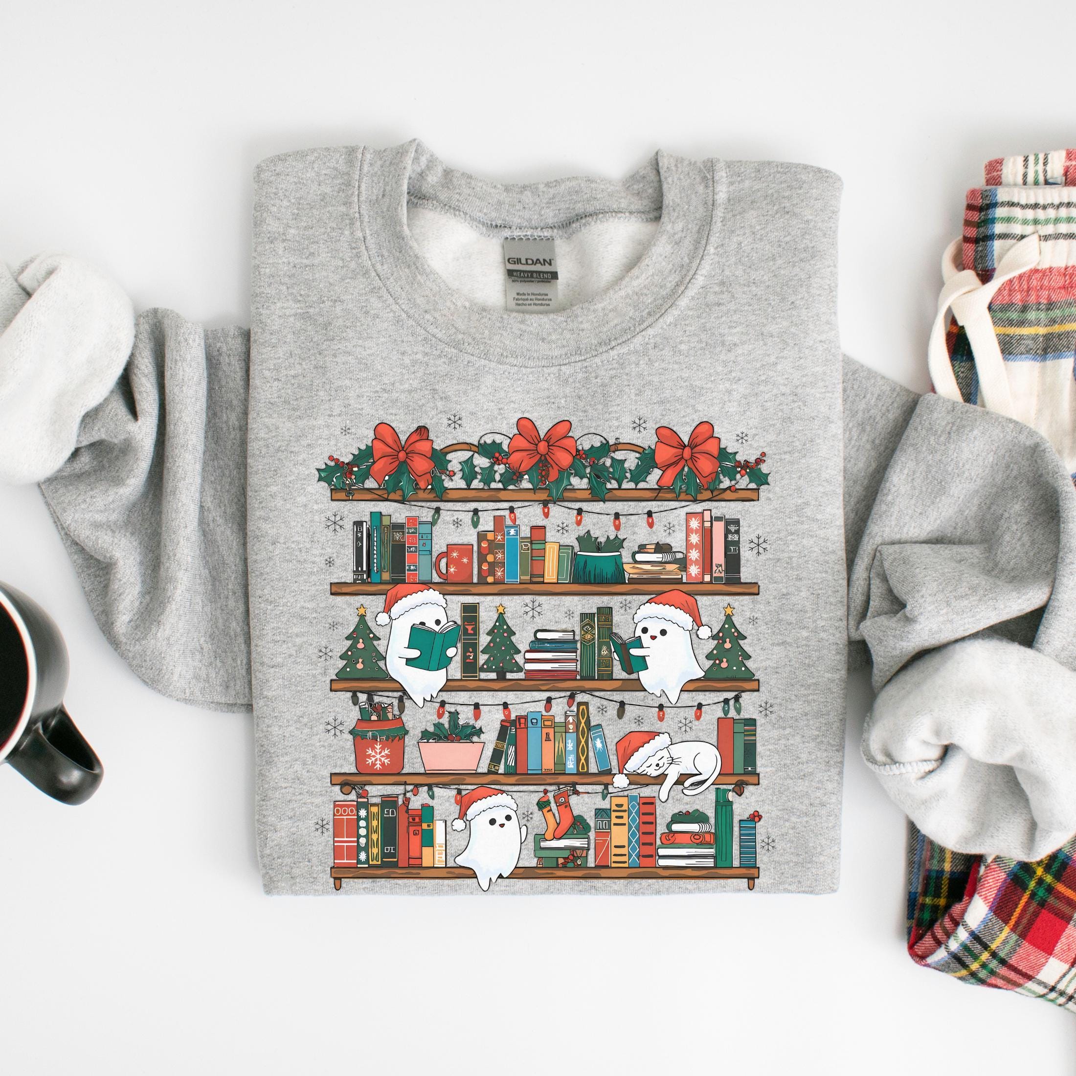 Bookish Christmas Sweatshirt, Ghost Reading Holiday Sweater, Reader ...