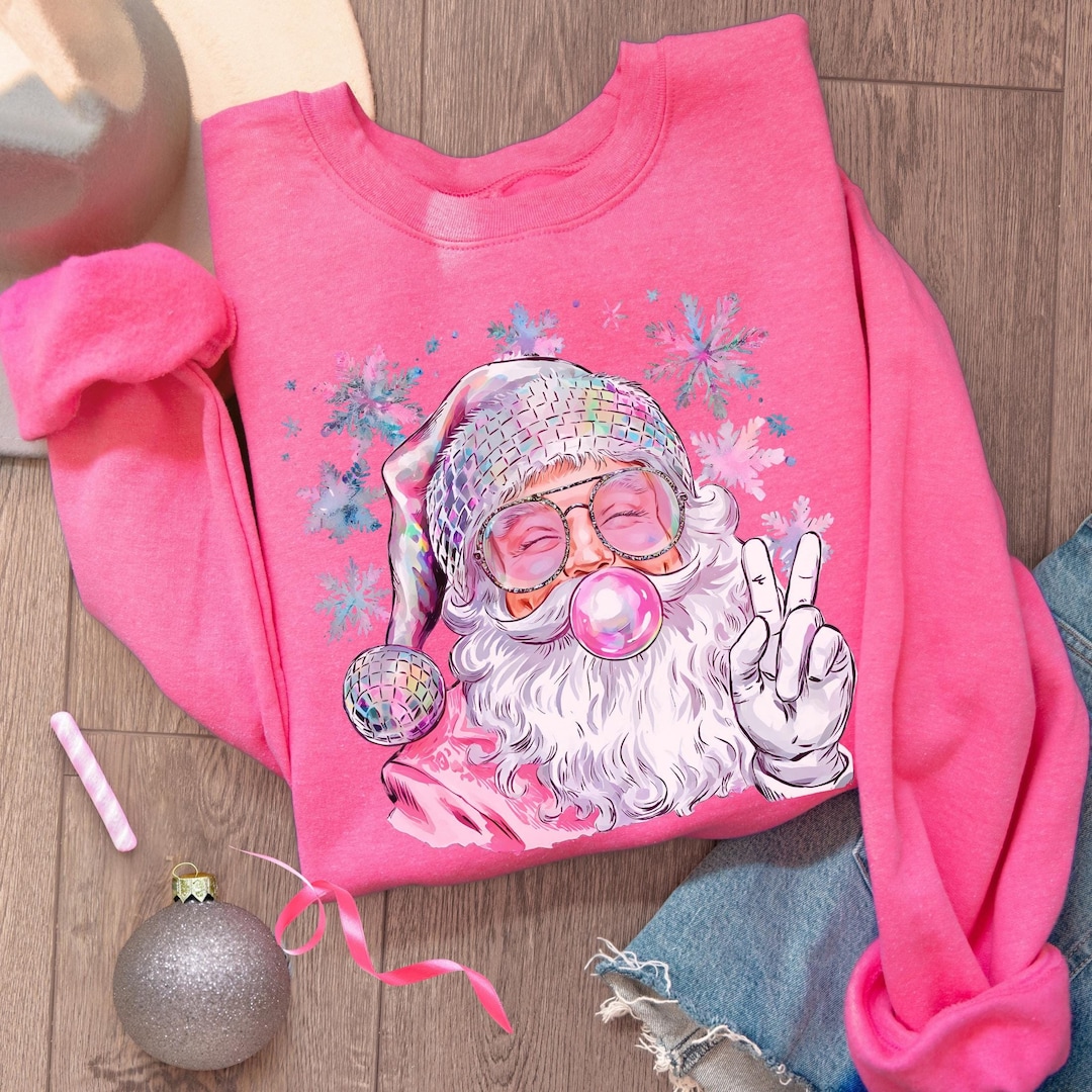 Retro Santa Sweatshirt, Pink Christmas Sweater, Women's Holiday ...