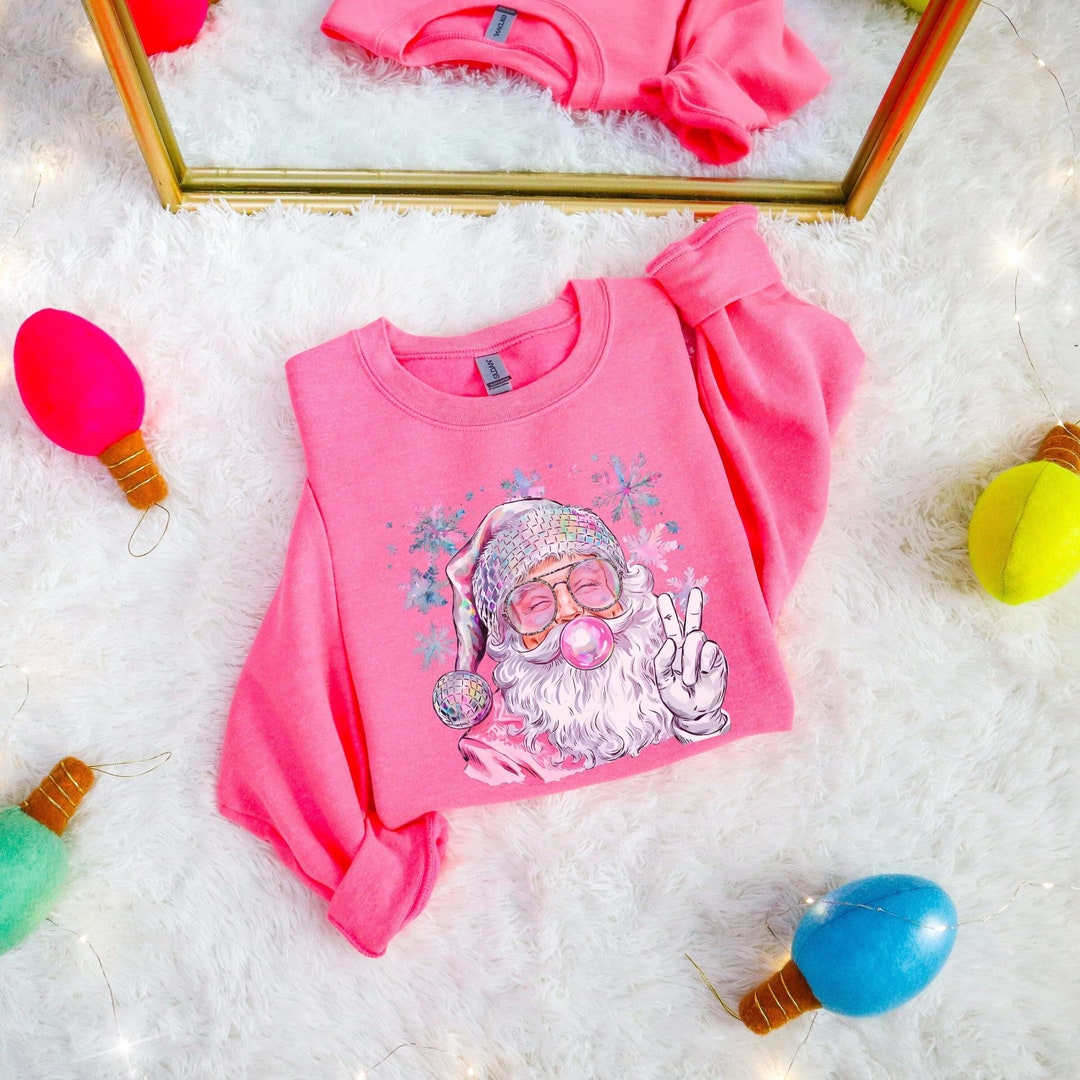 Kids Retro Santa Sweatshirt, Pink Christmas Sweater, Girl's Holiday ...