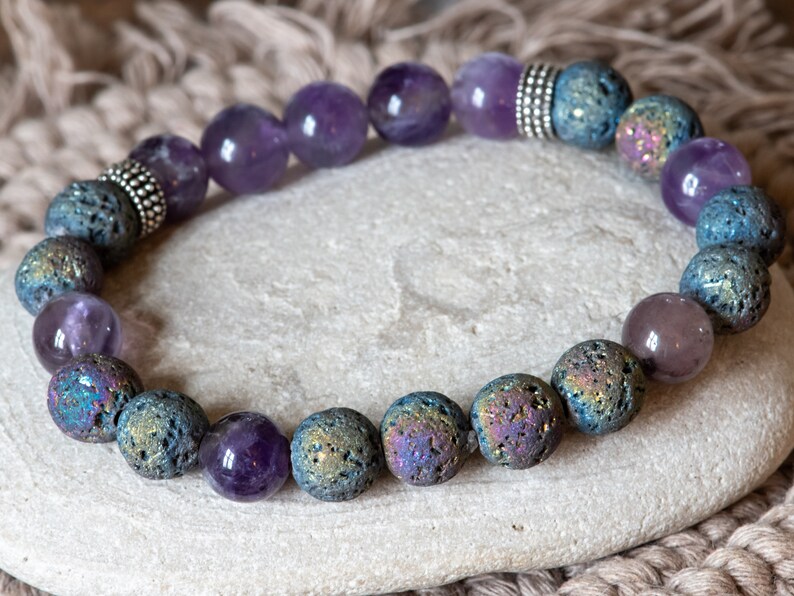 Calming Amethyst & Rainbow Lava Diffuser Beads With Tibetan Silver Spacers 8mm Beaded Stretch ...