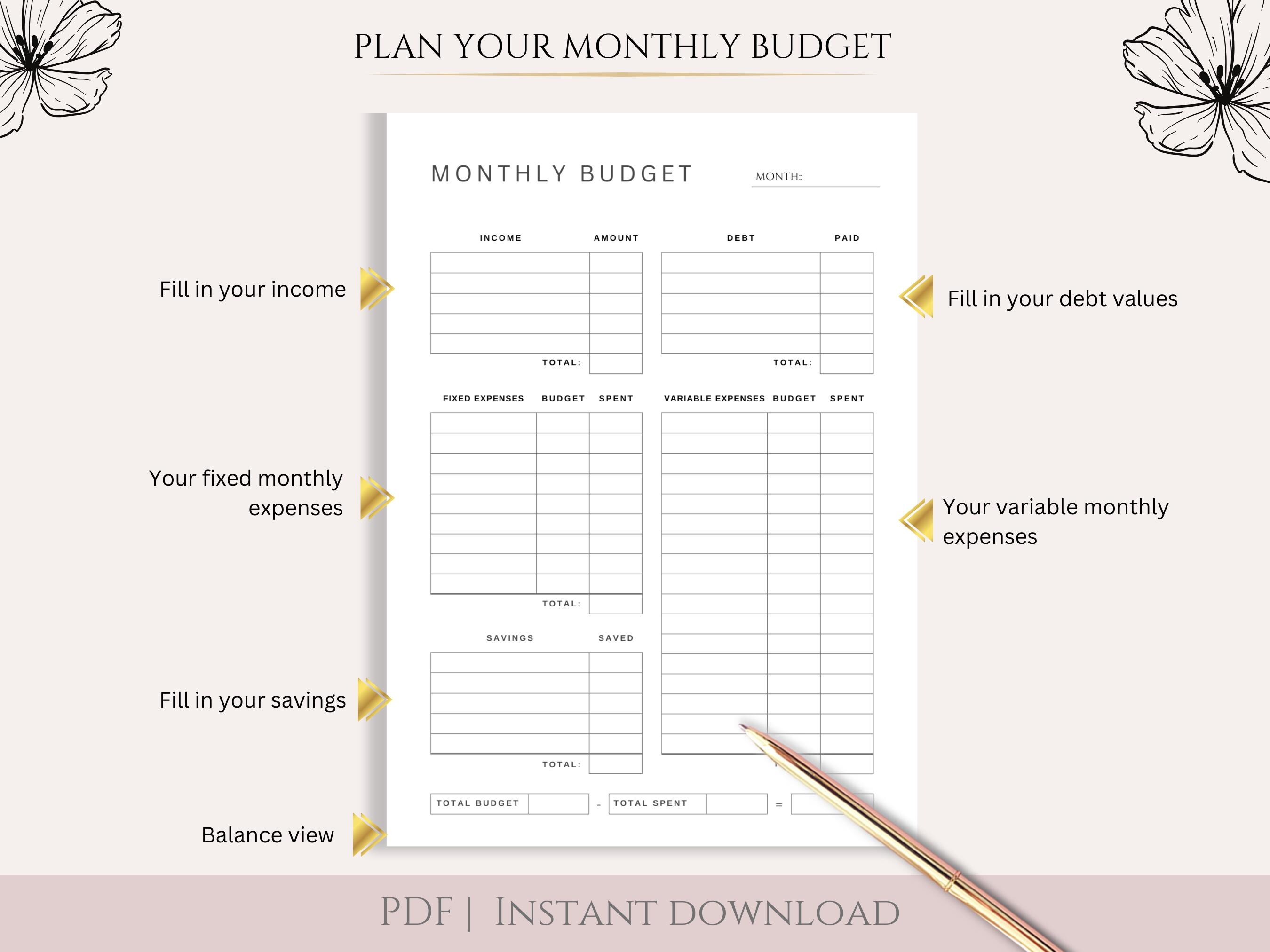 Comprehensive Monthly Budget Planner-printable PDF | Budget Tracker ...