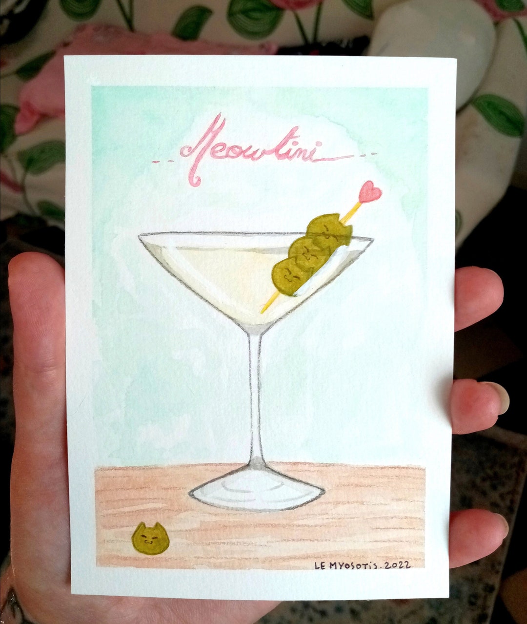Original Painting Meowtini Cute Kawaii Art Watercolor Martini Wall ...