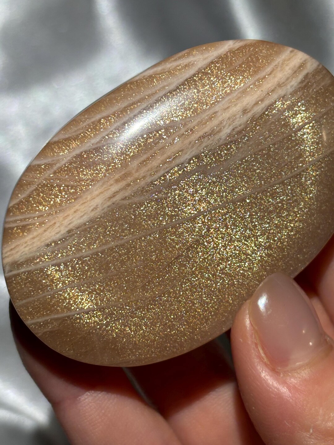 Large Peach Confetti Sunstone Palm Stone (64 Grams) | Peach Sunstone | Sunstone Moonstone ...