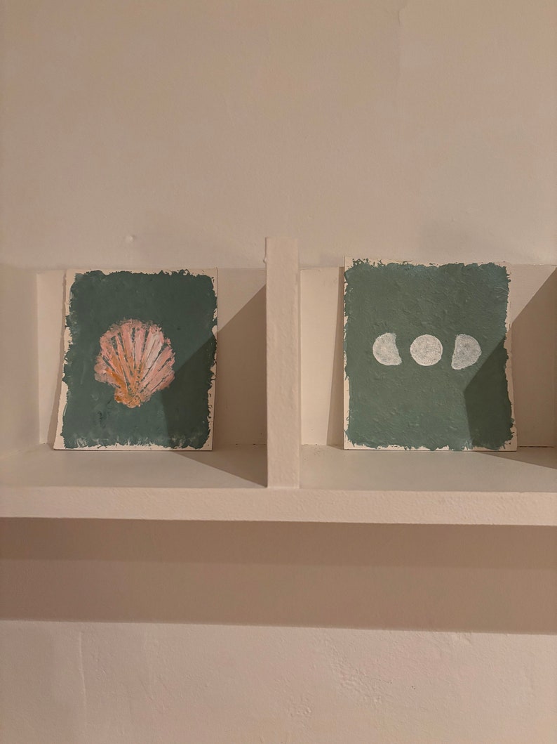 Moon Phases Painting – Green and White Mixed Media Art – Boho Wall ...