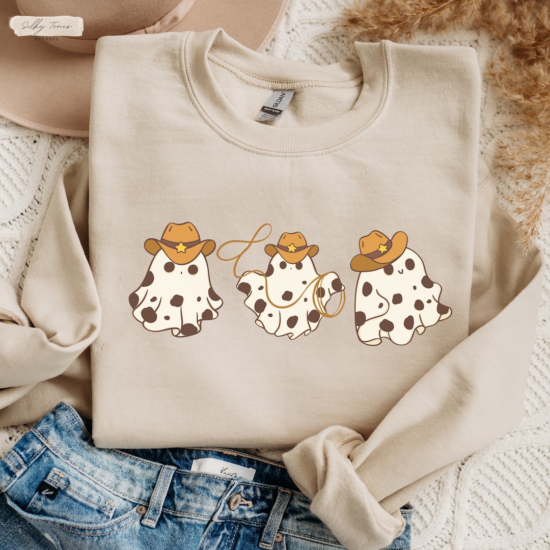 Retro Western Ghost Cows Halloween Crewneck for Women, Cute Vintage ...