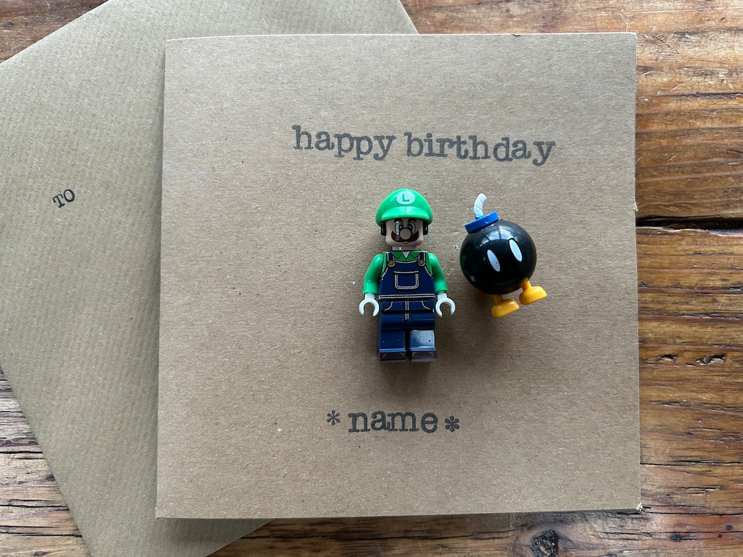 Hand Stamped Luigi Minifigure Greeting Card Gift Personalised Happy ...