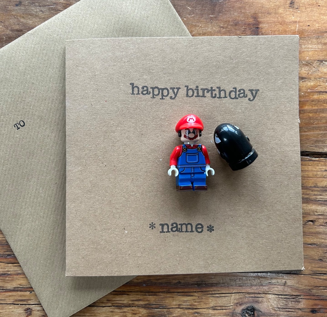 Hand Stamped Mario Minifigure Greeting Card Gift Personalised Happy ...