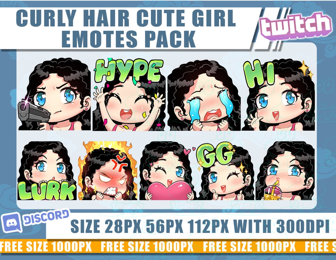 Curly Hair Twitch Emotes, Girl Emotes, Cute Girl Emotes, Emotes Bundle ...