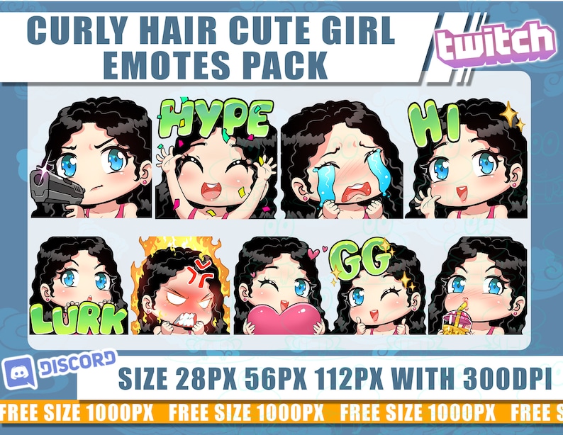 Curly Hair Twitch Emotes, Girl Emotes, Cute Girl Emotes, Emotes Bundle ...