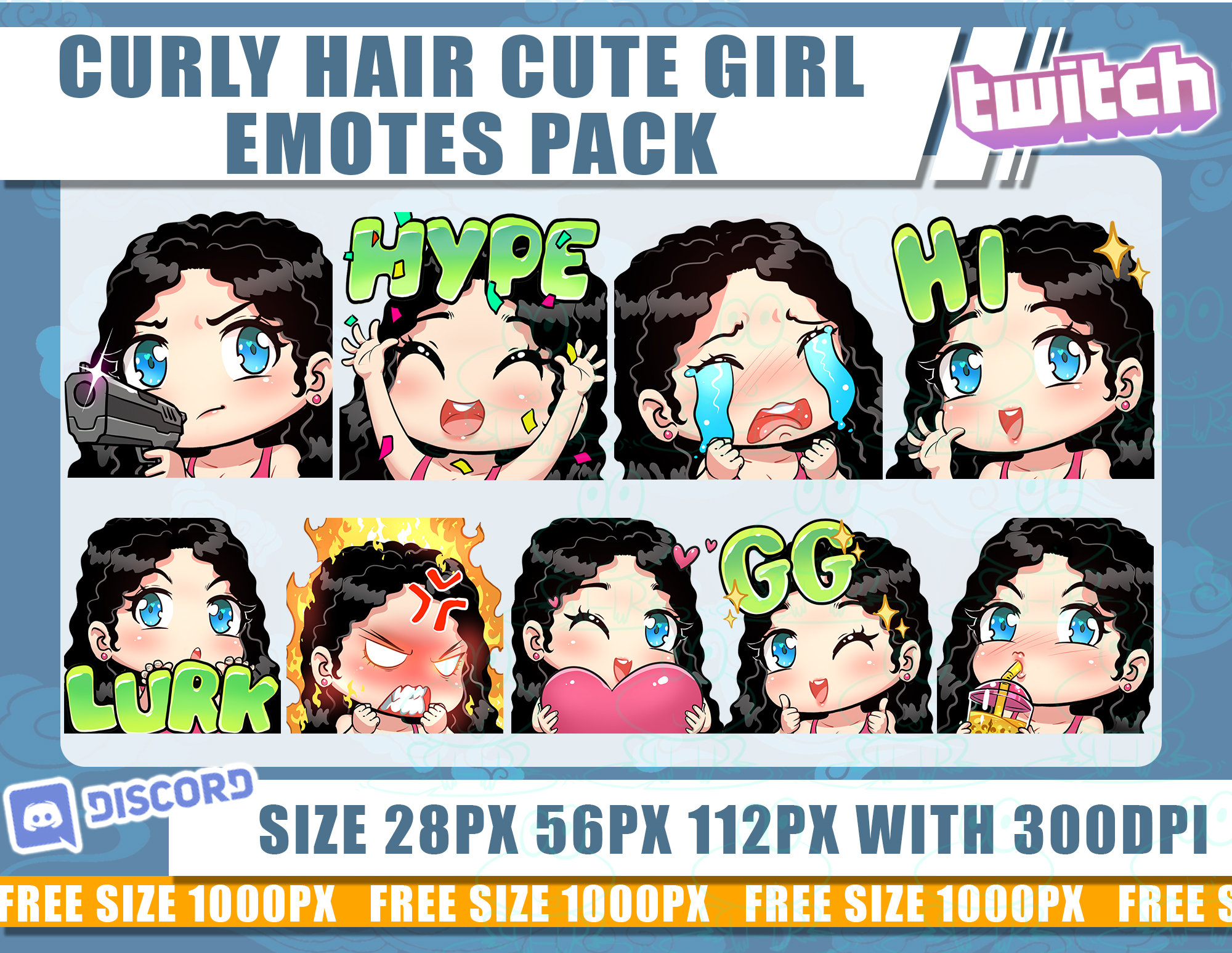 Curly Hair Twitch Emotes, Girl Emotes, Cute Girl Emotes, Emotes Bundle ...