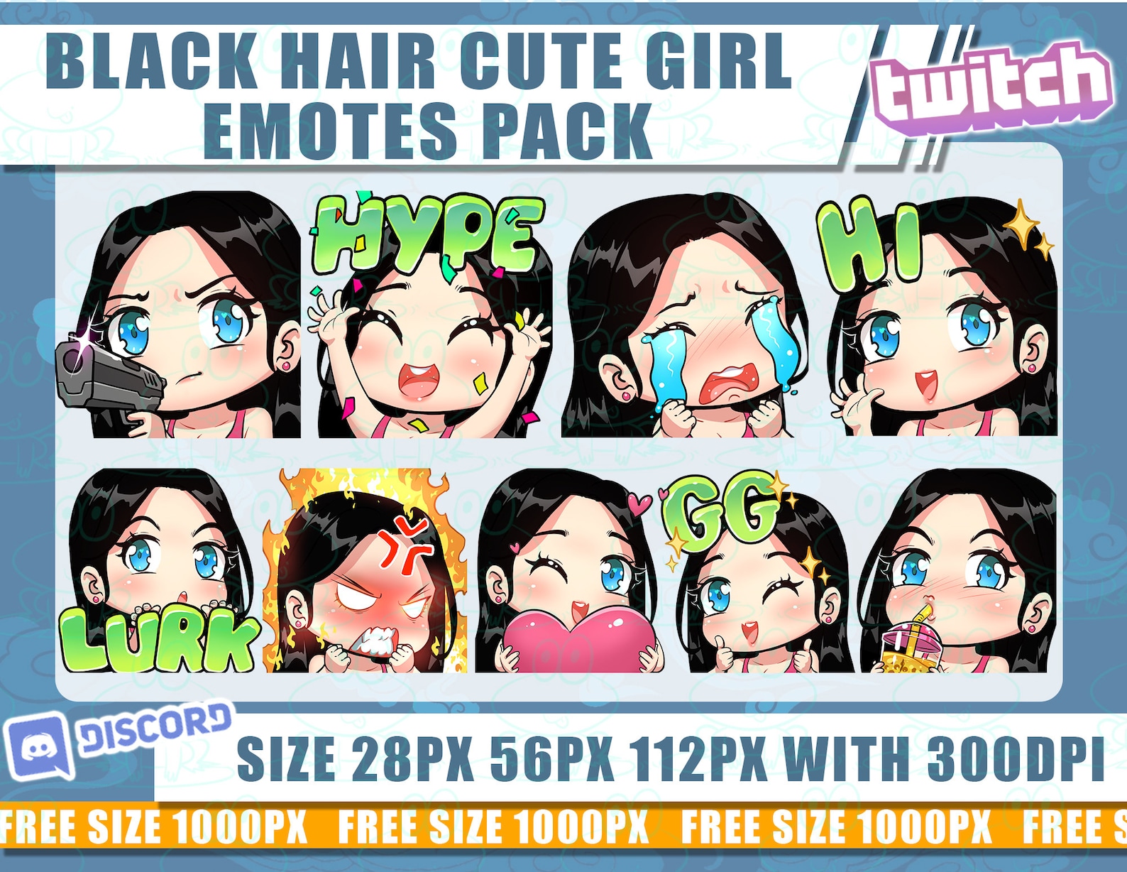 Black Hair Twitch Emotes, Girl Emotes, Cute Girl Emotes, Emotes Bundle ...
