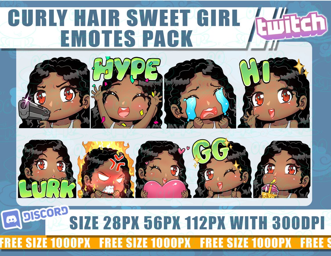 Curly Hair Twitch Emotes, Girl Emotes, Sweet Girl Emotes, Emotes Bundle ...