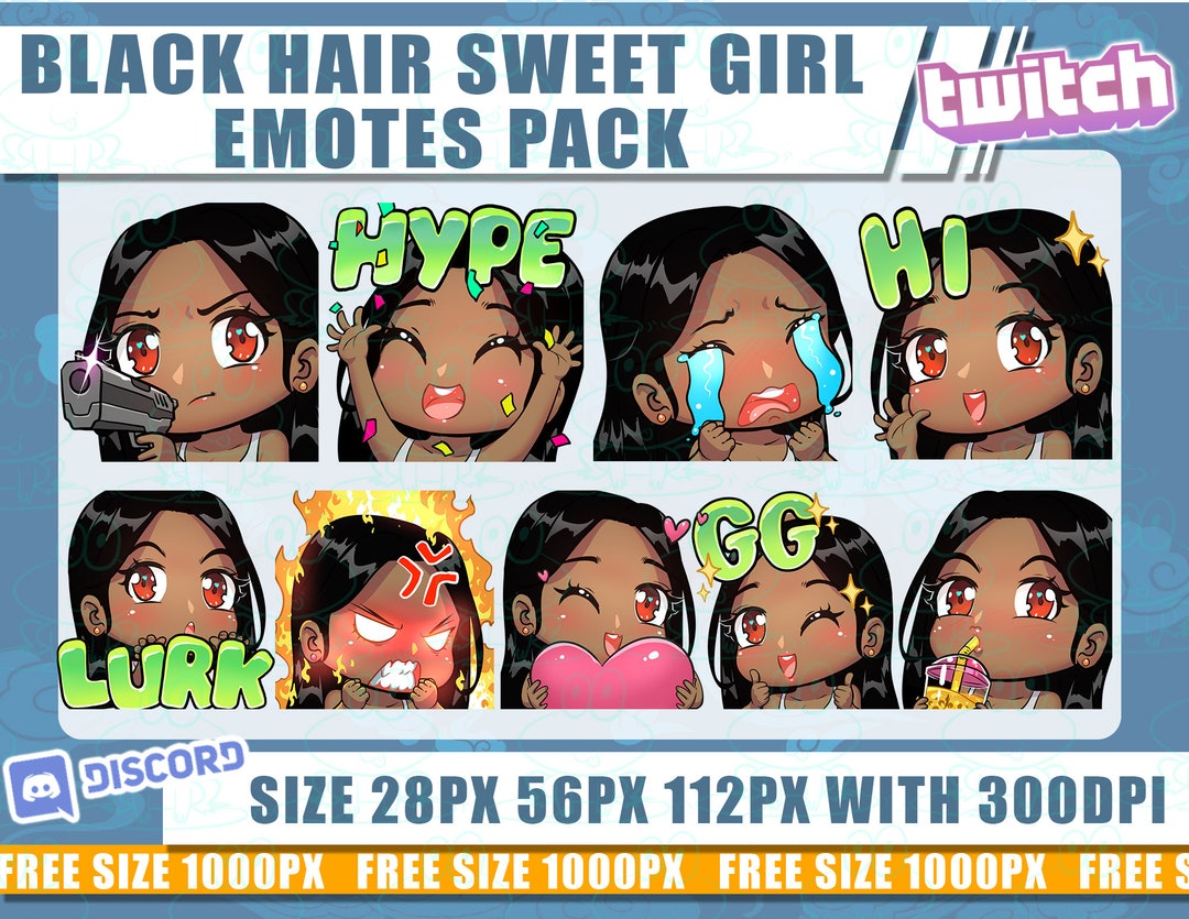 Black Hair Twitch Emotes, Girl Emotes, Sweet Girl Emotes, Emotes Bundle ...