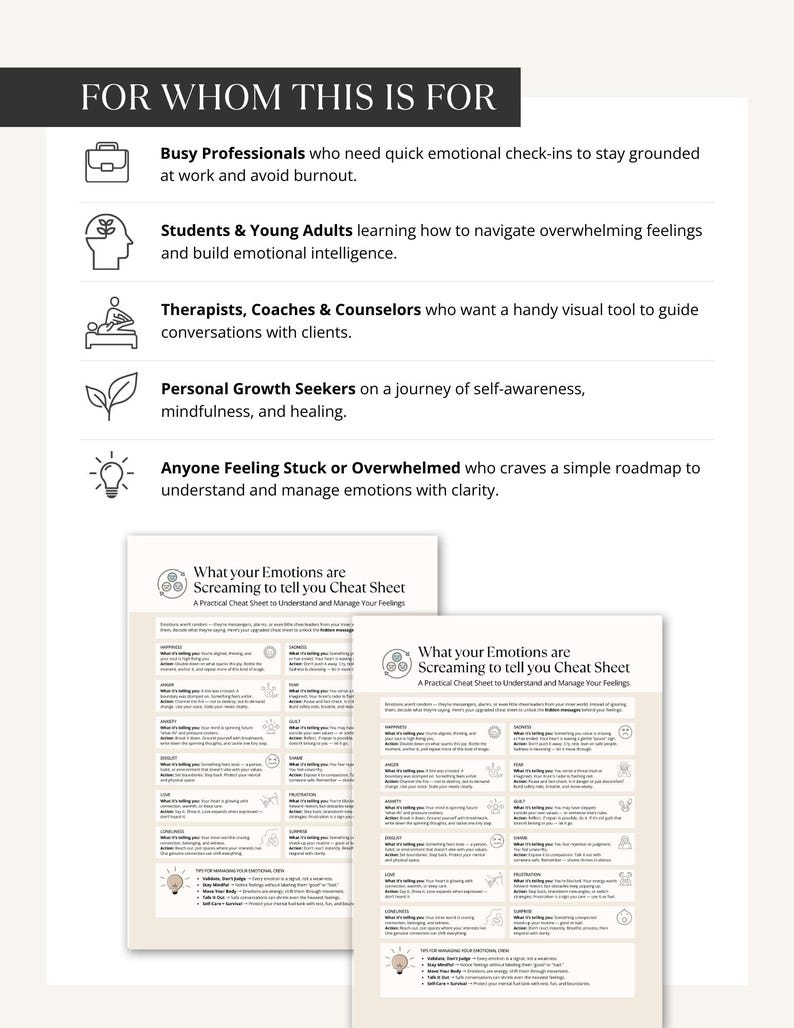 Feelings Chart Cheat Sheet, Emotional Awareness Guide for Mental Health ...