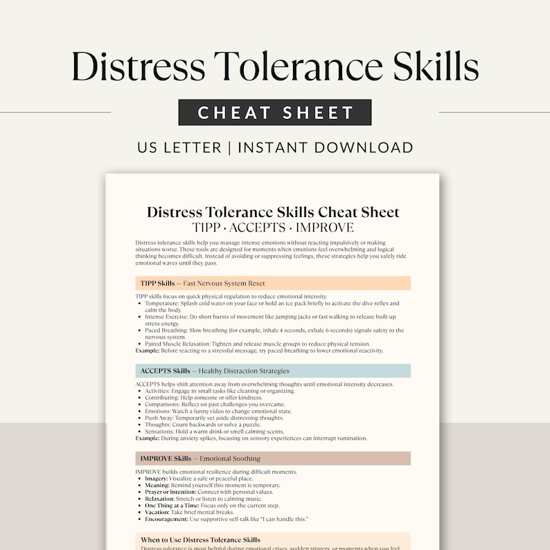 Distress Tolerance Skills Cheat Sheet, DBT Skills Printable, Emotional ...