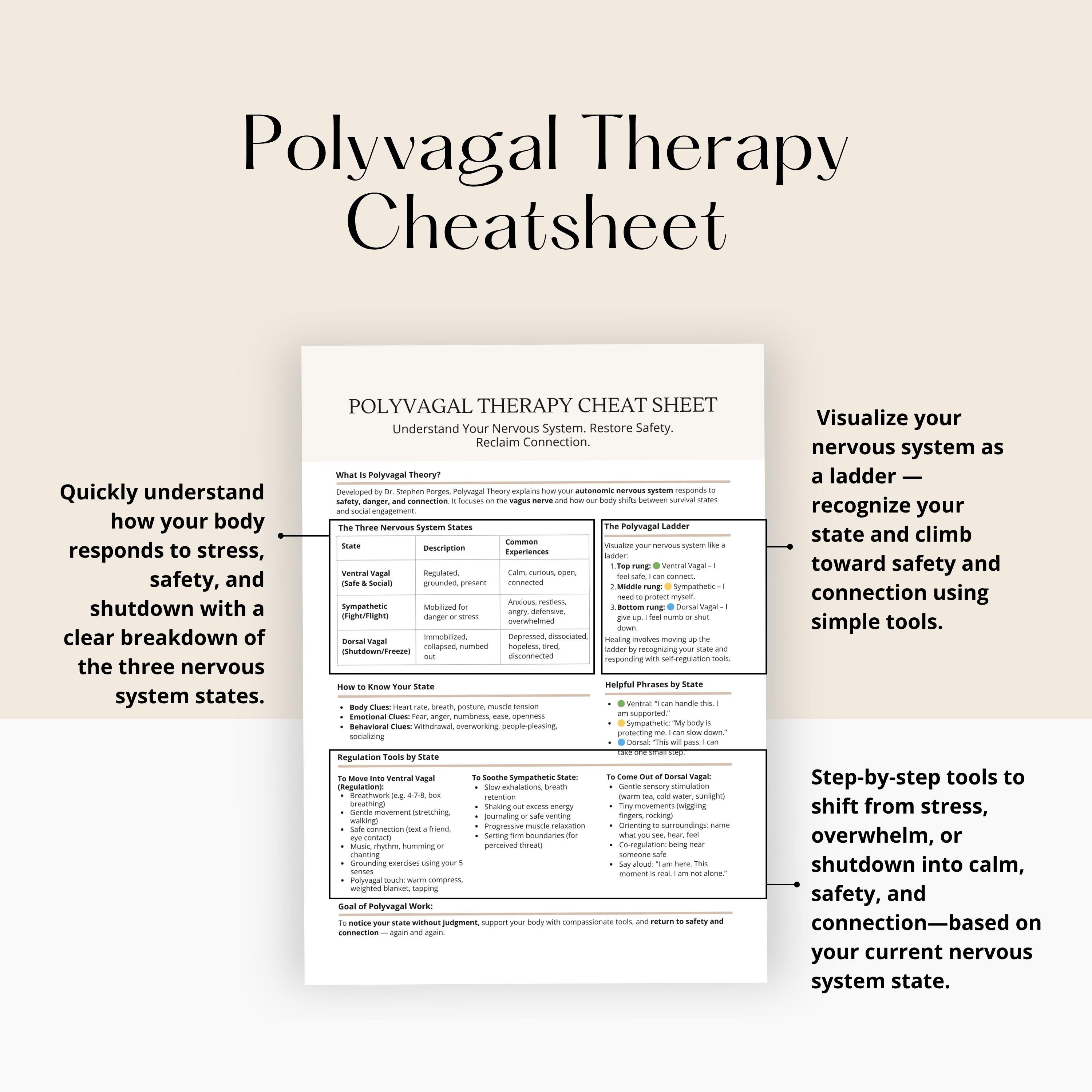 Polyvagal Therapy Cheat Sheet, Vagus Nerve Healing Worksheet, Trauma ...