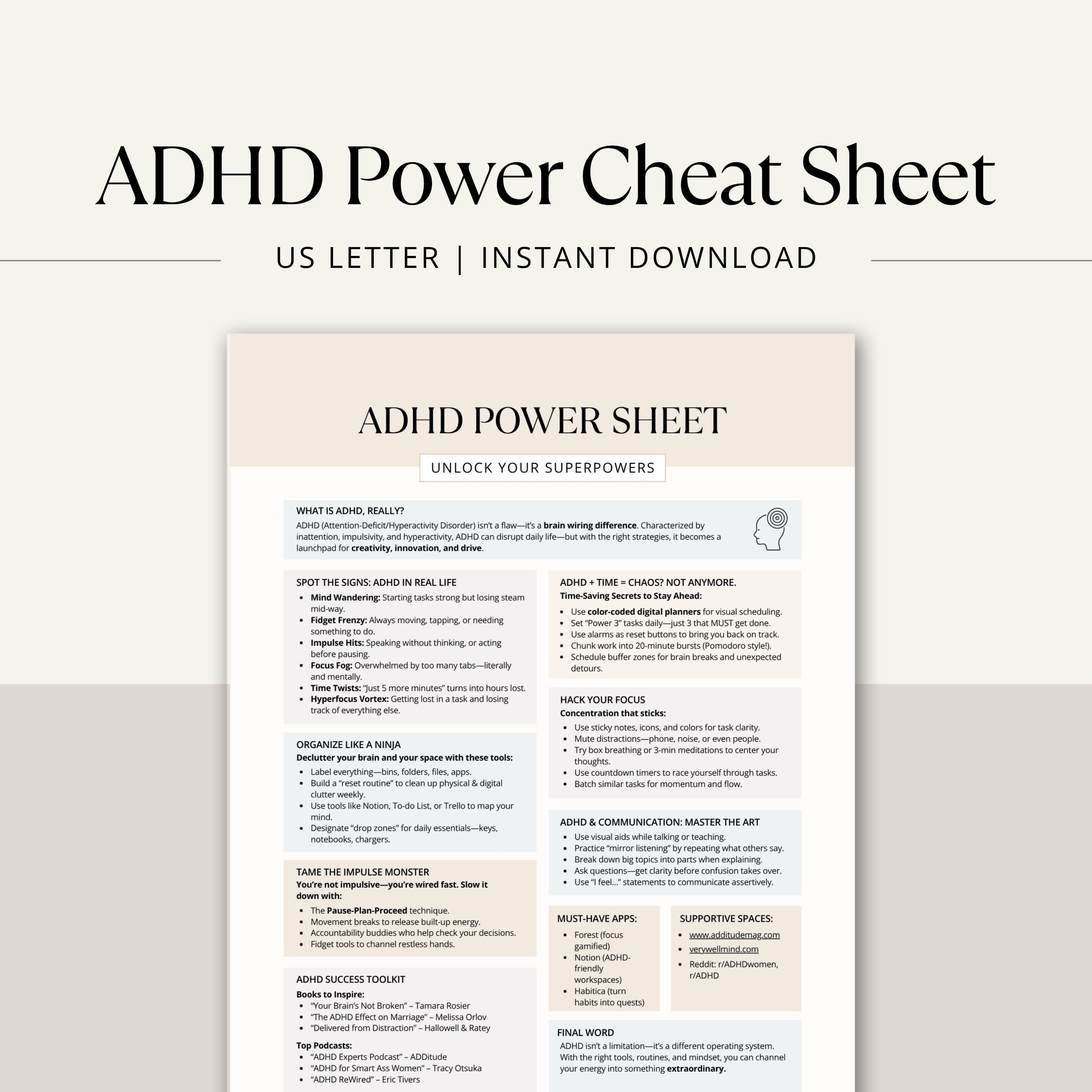 ADHD Power Sheet, Focus and Productivity Cheat Sheet (PDF) - Etsy