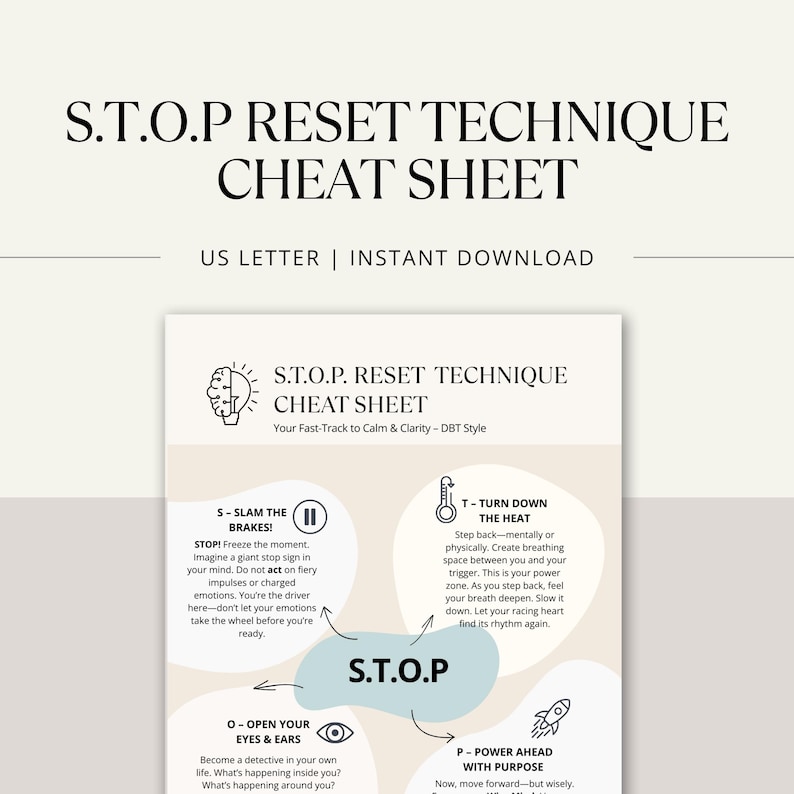 DBT STOP Technique Cheat Sheet, Emotional Regulation and Stress ...