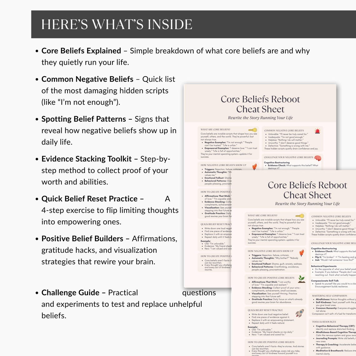 Core Beliefs Reboot Cheat Sheet, Therapy Worksheet (printable PDF ...