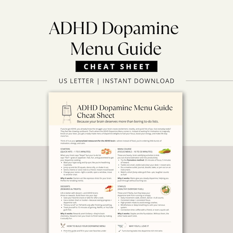 ADHD Dopamine Menu Cheat Sheet, Dopamine Reward System Chart ...