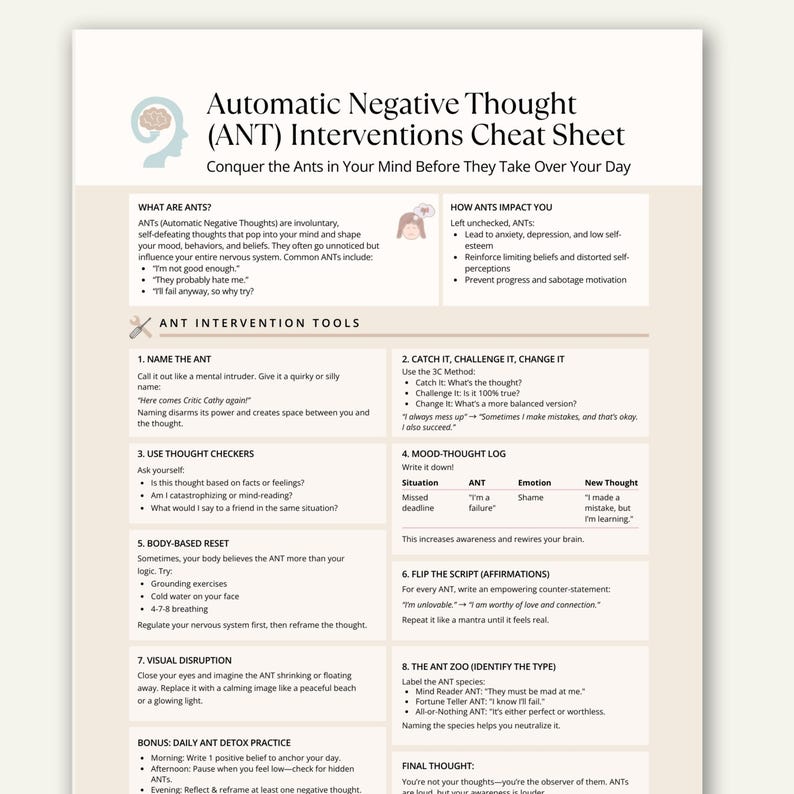 ANT Interventions Cheat Sheet, CBT Tools to Reframe Negative Thoughts ...