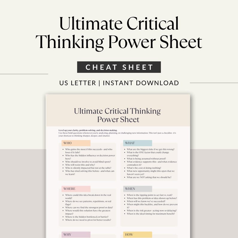Critical Thinking Power Sheet, Decision Making Worksheet, Self ...