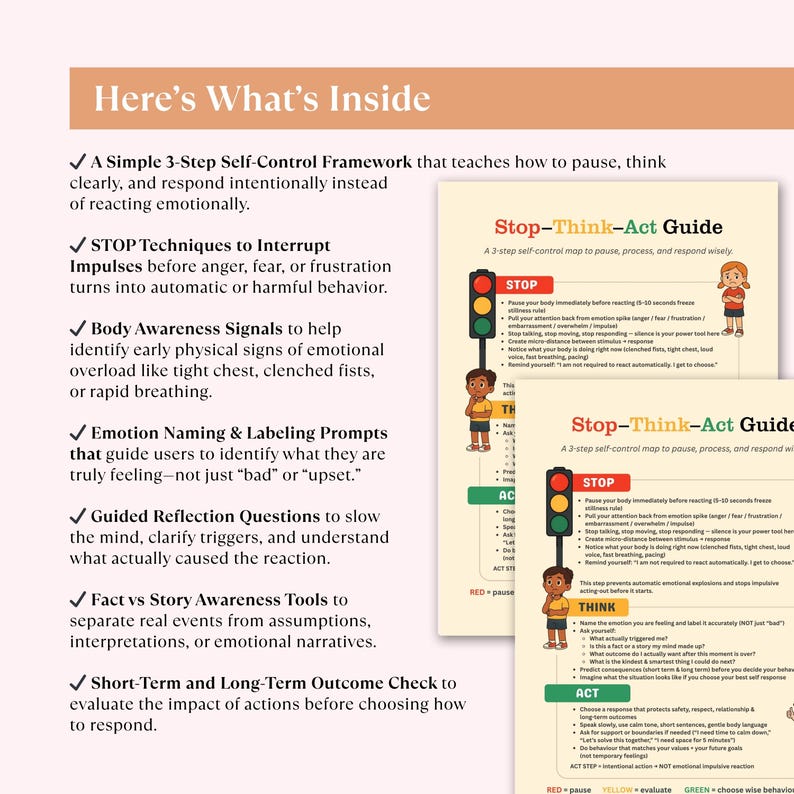 Stop Think Act Guide, Emotional Regulation and Self Control Chart for ...