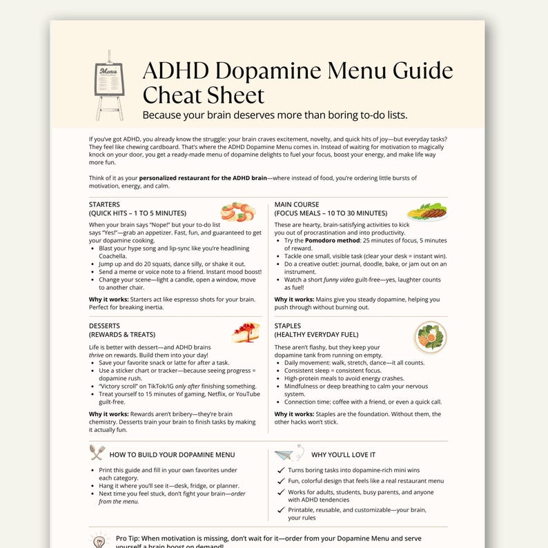 ADHD Dopamine Menu Guide: Focus & Motivation Cheat Sheet (printable PDF ...