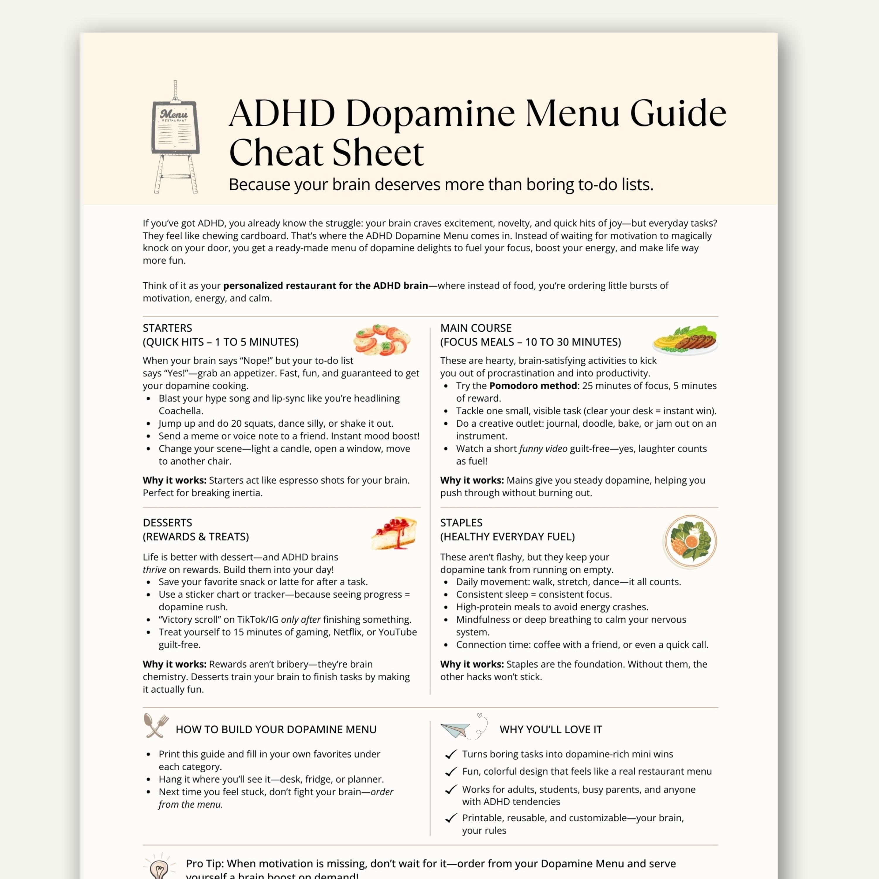 ADHD Dopamine Menu Cheat Sheet, Dopamine Reward System Chart ...