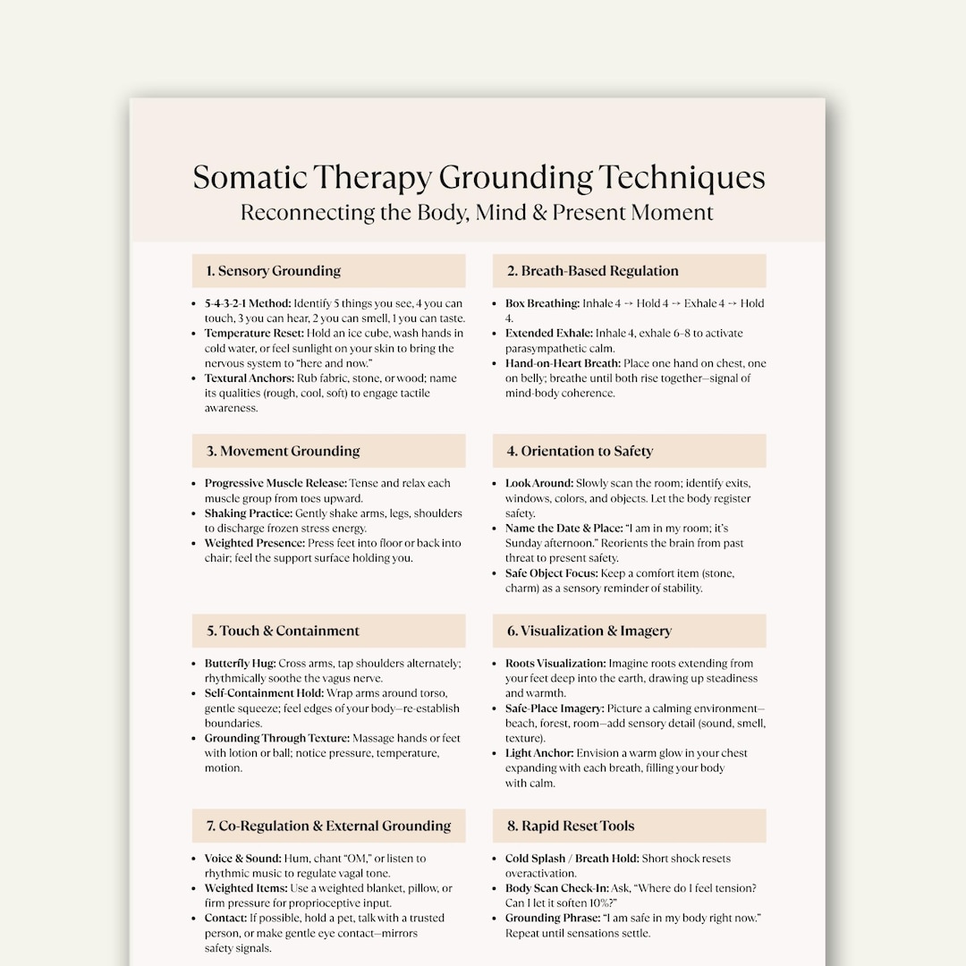 Somatic Therapy Grounding Techniques Printable, Trauma Healing and ...