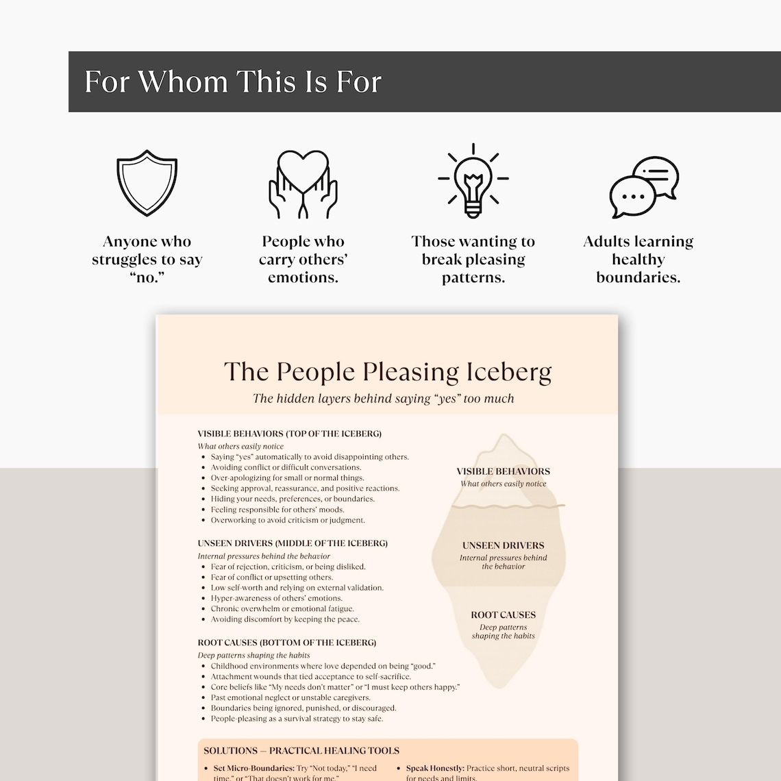 People Pleasing Iceberg Cheat Sheet, Trauma Healing Worksheet, Boundary ...